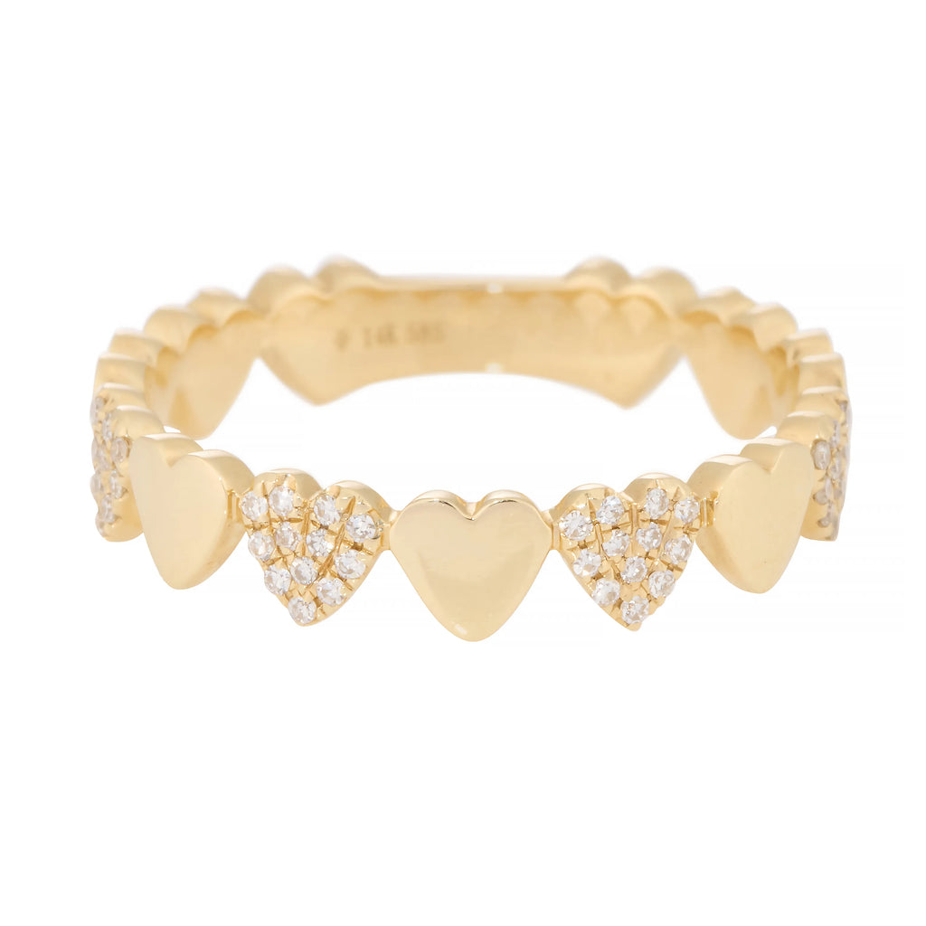 Alternating Solid Gold Heart and Pave Heart 3/4 Eternity Ring