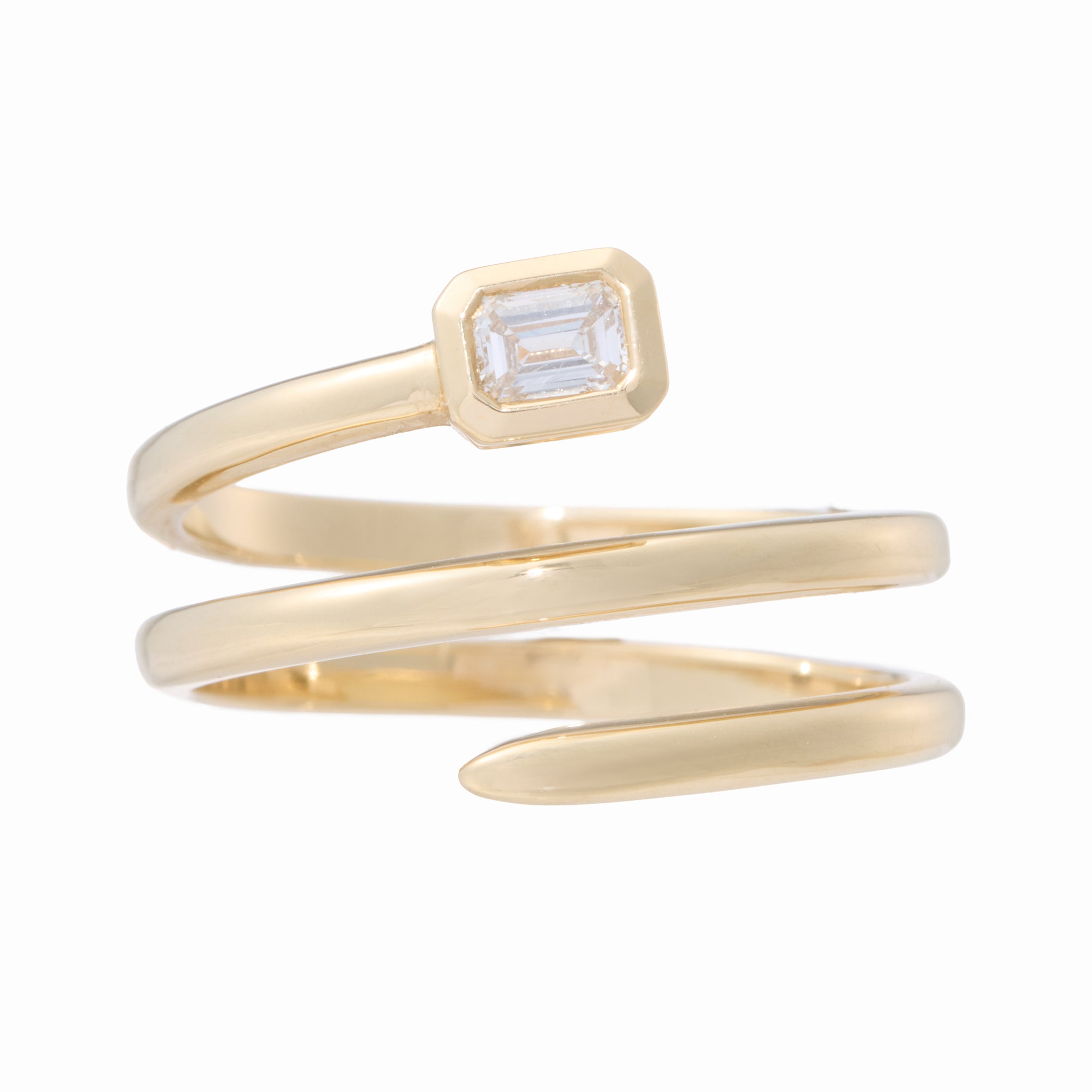 Solid Gold Corkscrew Ring with Bezel Set Asscher Cut Diamond on one En